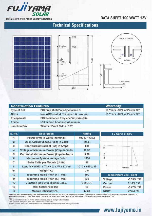 Solar Panel 100 Watt Poly Crystalline - Fujiyama Solar